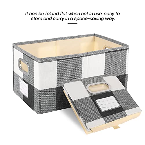LaMorée Storage Bin Cotton Linen Fabric Basket Box Washable Foldable Decorative Rectangular Container with Handles Label Window Thick PP Plastic Board For Nursery Home Office - Black Plaid, Large Size