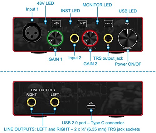 Audio Interface USB Audio Interface with Mic Preamplifier USB Audio Mixer Recorder with 48V Phantom Power, 24 Bit, Support Tablet, Computers and Other Equipment Recording (NO DAW Software included)