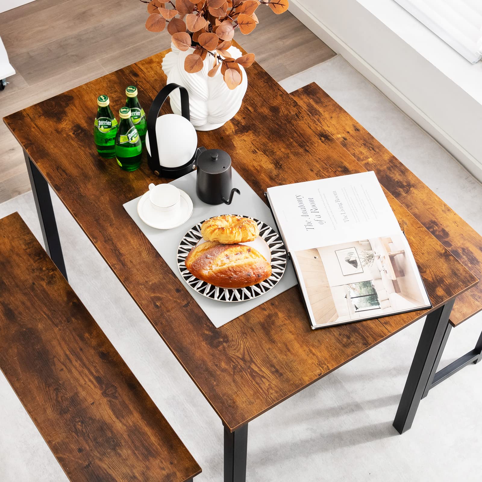 LDAILY Moccha Dining Table Set for 4, 3-Piece Modern Breakfast Table Set with 2 Benches & Metal Frame, 43.5" Wood Kitchen Table Set, Space-Saving Dinette Set for Small Spaces, Dining Room, Natural