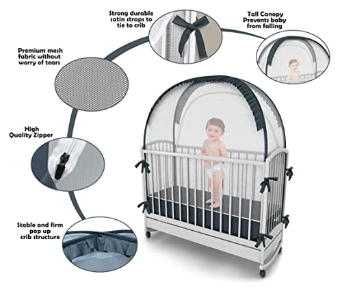 Mumzei Baby Crib Tent to Keep Baby from Climbing Out - Pop Up Safety Crib Net to Keep Baby in - Crib Mosquito Net โ See Through Premium Mesh Cover - Grey