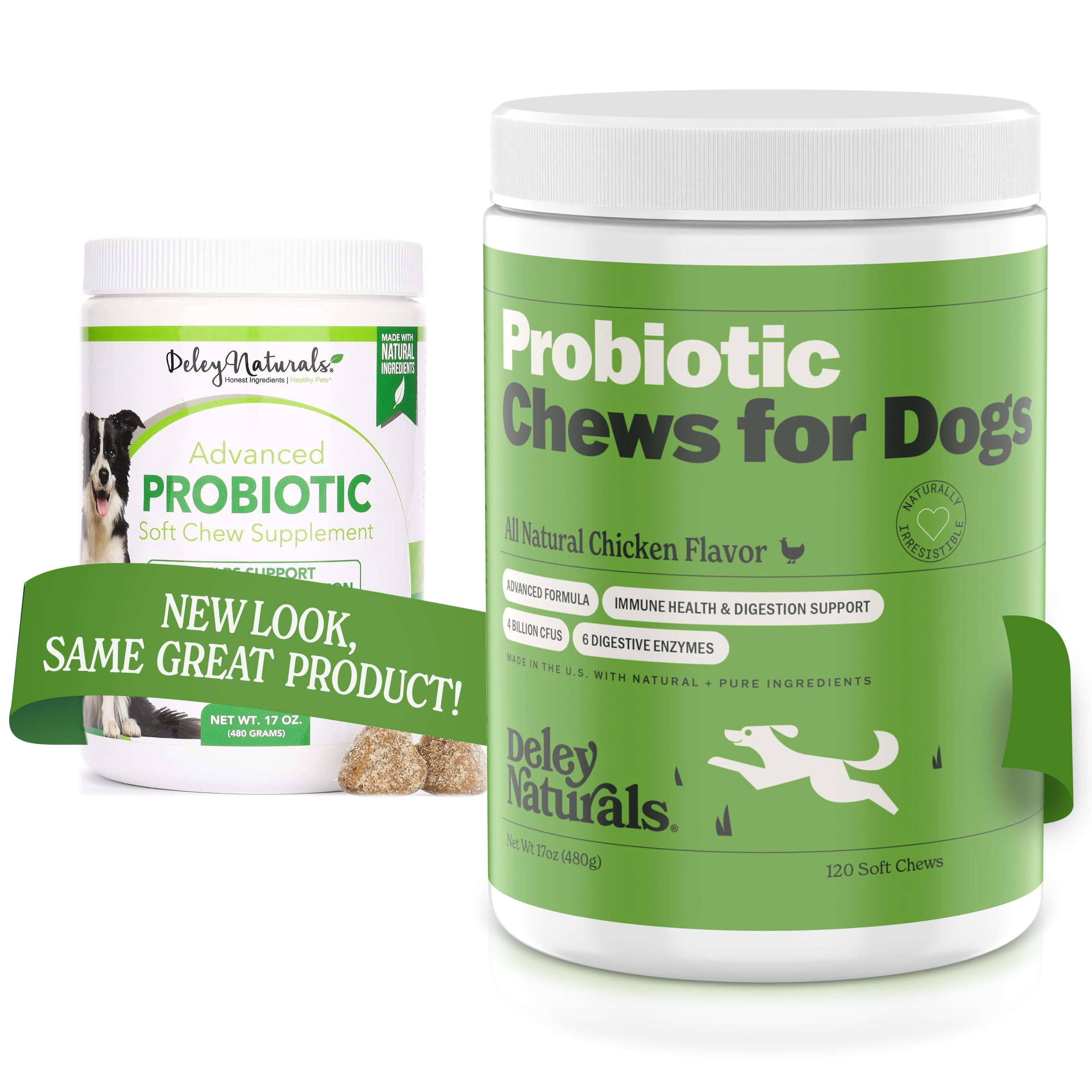 Deley Naturals Probiotics + Hip & Joint for Dogs, 2 x 120 Grain Free Chicken Soft Chews, Made in USA Dog Treats, Natural