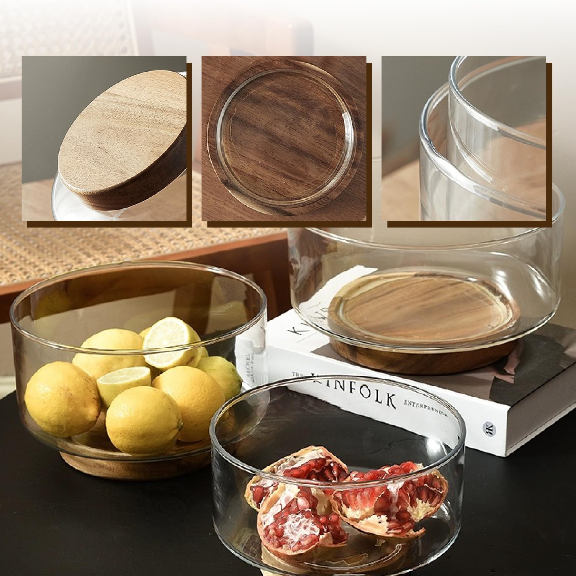 CAMATET Coffee Pod Holder, Glass Salad Bowl with Acacia Wood Base, Large Capacity K Cup Organizer for Kcup Creamer Storage, Espresso Capsule Holder Coffee Bar Accessories( 7 Inch,1 Pack )