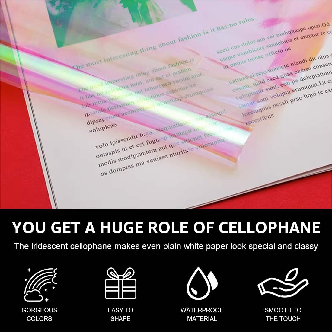 BetterJonny 32in x 50ft Iridescent Cellophane Wrap Roll, Rainbow Cellophane Roll for Gift Baskets Flower Wrapping Paper Holographic Cellophane for Gift Baskets, Crafts, Candy, Gifts, Flowers