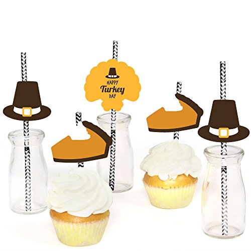 Big Dot of Happiness Happy Turkey Day Paper Straw Decor - Thanksgiving Striped Decorative Straws - Set of 24