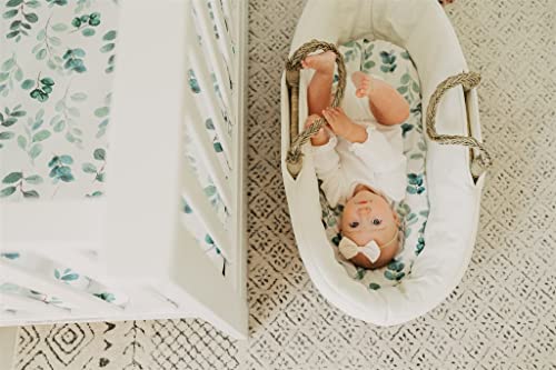 NODNAL CO. 3 Fitted Bassinet Sheets Leafy Set - 100% OEKO-TEX Cotton for Baby Girl/Boy - Gender Neutral Leaves, Floral Eucalyptus Greenery - Cradle/Moses Basket Hourglass Oval Rectangle Mattress Sheet