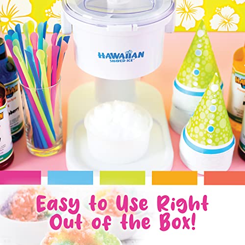 Hawaiian Shaved Ice S700 Kid-Friendly Snow Cone Machine Kit with 3 - 16oz. Syrup Flavors: Cherry, Grape, and Blue Raspberry, Plus 25 Snow Cone Cups, 25 Spoon Straws, and 3 Black Bottle Pourers