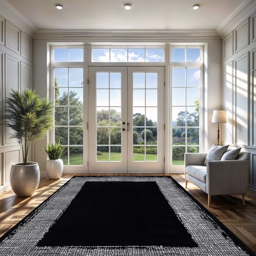 CAMILSON Bordered Black Rug 8x10 Area Rugs for Living Room Bedroom Kitchen Modern Soft Stain Resistant Non-Shedding Indoor Carpet (8 x 10 Black and Cream)
