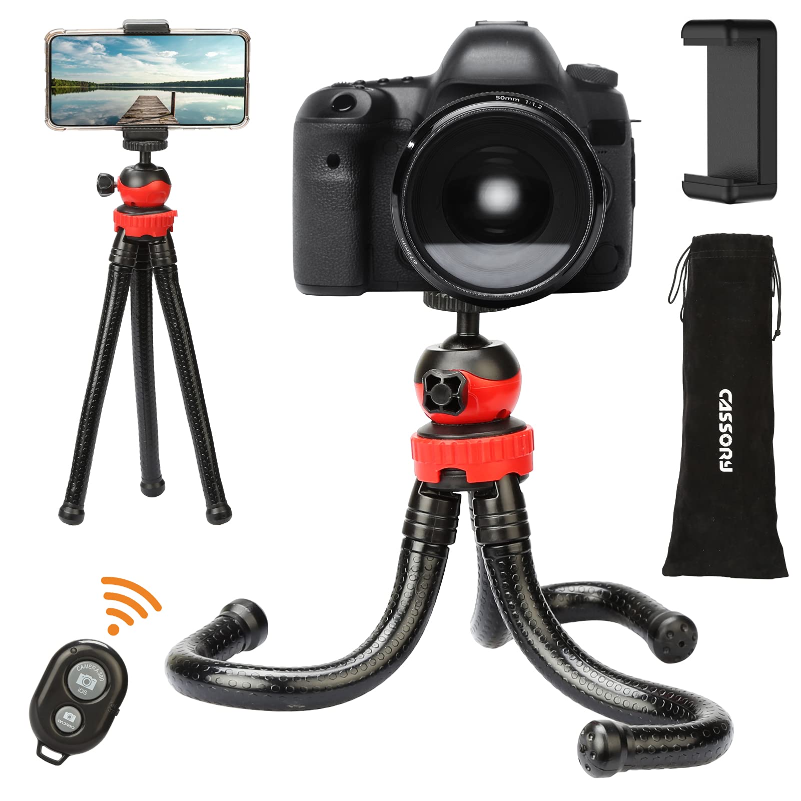 Bendable Tripod for iPhone, Mini Flexible Tripod, Bendy Tripod for Camera/DSLR/Gopro, Nikon/Canon Vlogging Tripod with Wireless Remote Control, Phone Clamp & Bendable Octopus Legs