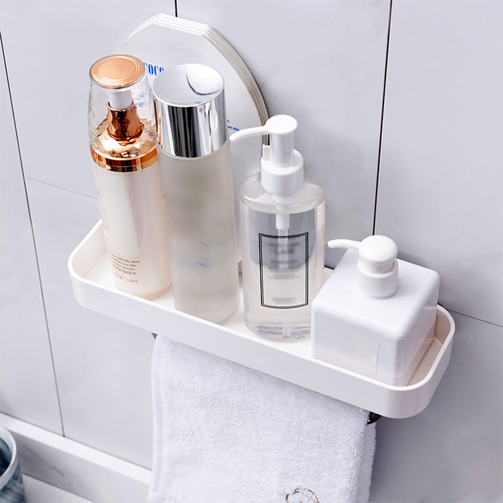 Cetomo Plastic Wall Mounted Shower Caddy, Shelf Organizer with Detachable Towel Rack for Bathroom Bathtub Sink Kitchen Washbasin, No Drilling Adhesive, White