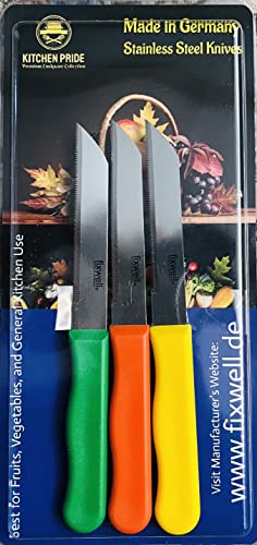 fixwell MADE IN GERMANY STAINLESS STEEL KNIVES -PACK OF 3 KNIVES (ORANGE, YELLOW, GREEN) -3.5" SHARP SERRATED BLADE -IDEAL FOR KITCHEN AND GENERAL USE, BREADS, SANDWICHES, AND PRECISION FOOD CUTTING