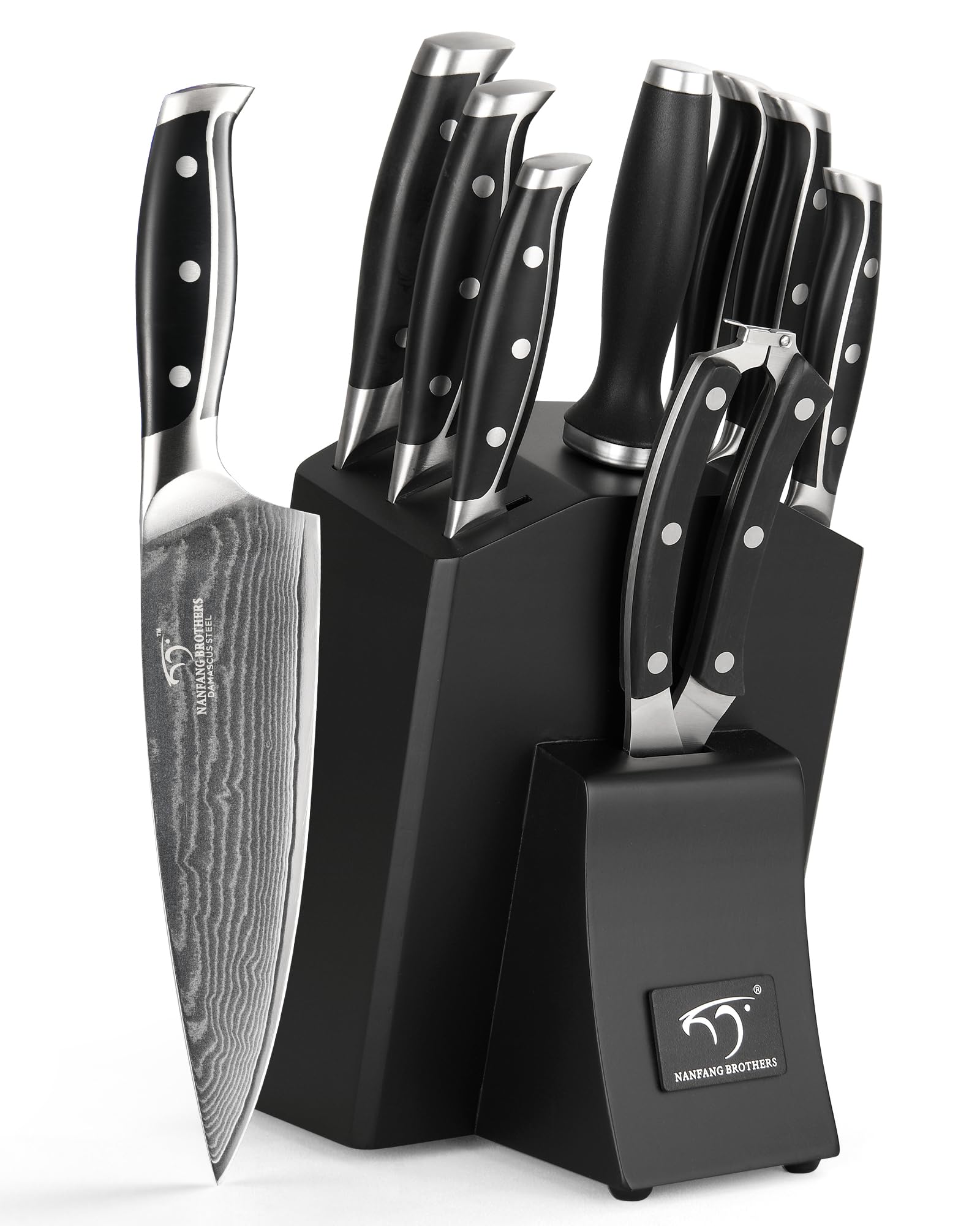 Damascus Kitchen Knife Set with Block, Razor Sharp 67-Layer VG10 Steel and Triple Rivet Handle, Included Chef/Santoku/Utility/Bread/Paring Knives, Sharpener, Kitchen Shears-Natural Wooden Block, 9Pcs