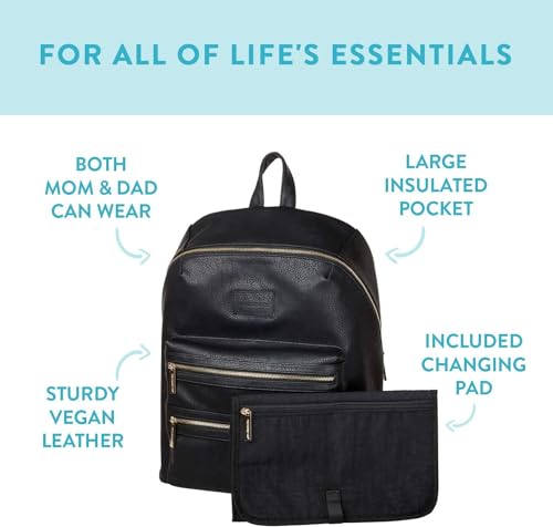 The Honest Company Vegan Leather City Backpack | Diaper Bag with Changing Pad | Black Vegan Leather with Gold Hardware | PVC-Free Lining | 16 x 5 x 18