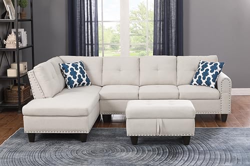 CABSETT 98" L-Shape Wide Left Hand Facing Sofa & Chaise with Storage Ottoman, Linen Upholstered Couch Set with 2 Cup Holder and 2 Pillows for Living Room, Home, Office, Beige