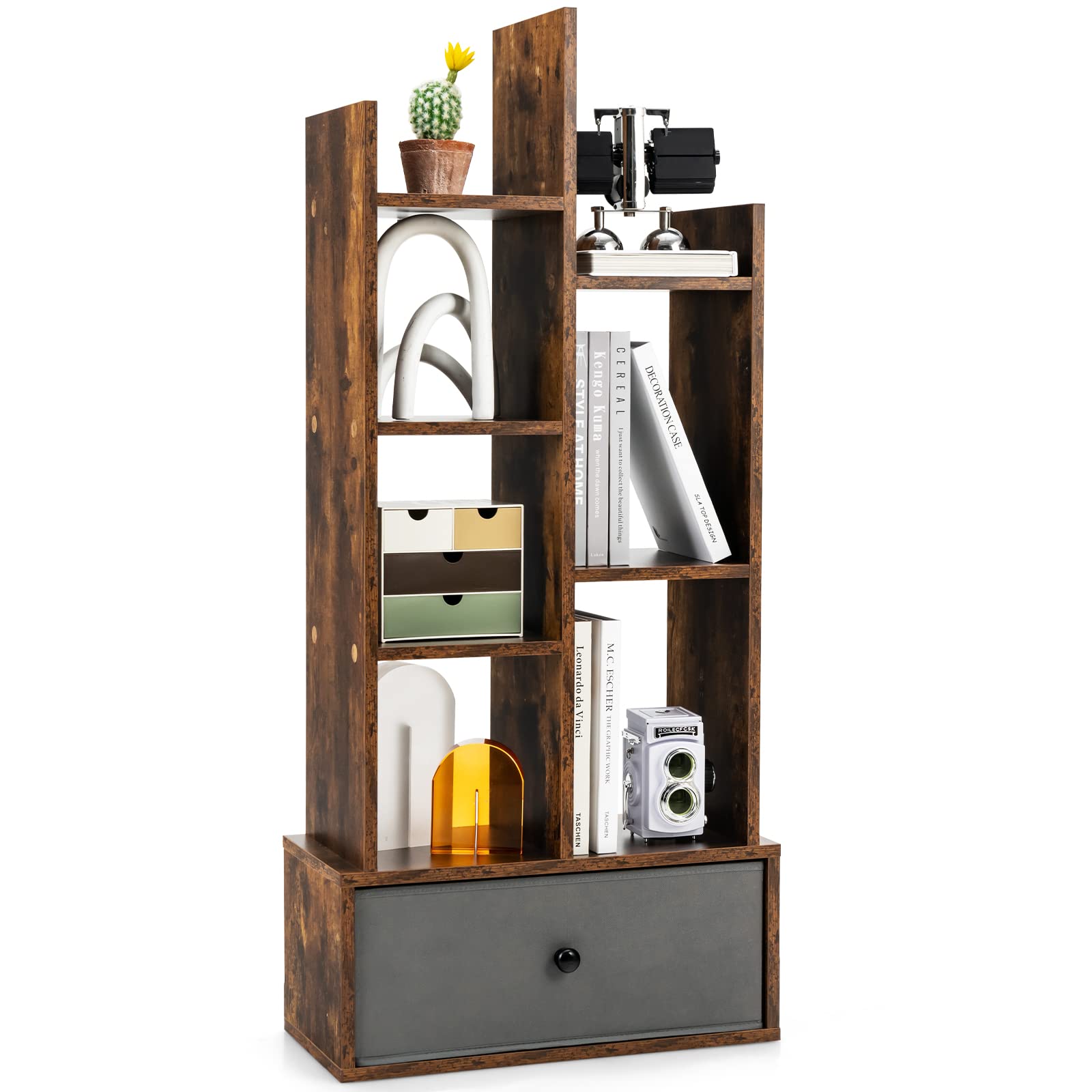 LOKO Rustic Bookshelf with Drawer, Industrial 3 Shelf Bookcase with Anti-toppling Device and 7 Open Compartments, Freestanding Vintage Wooden Book Shelf for Bedroom, Living Room (Rustic Brown)