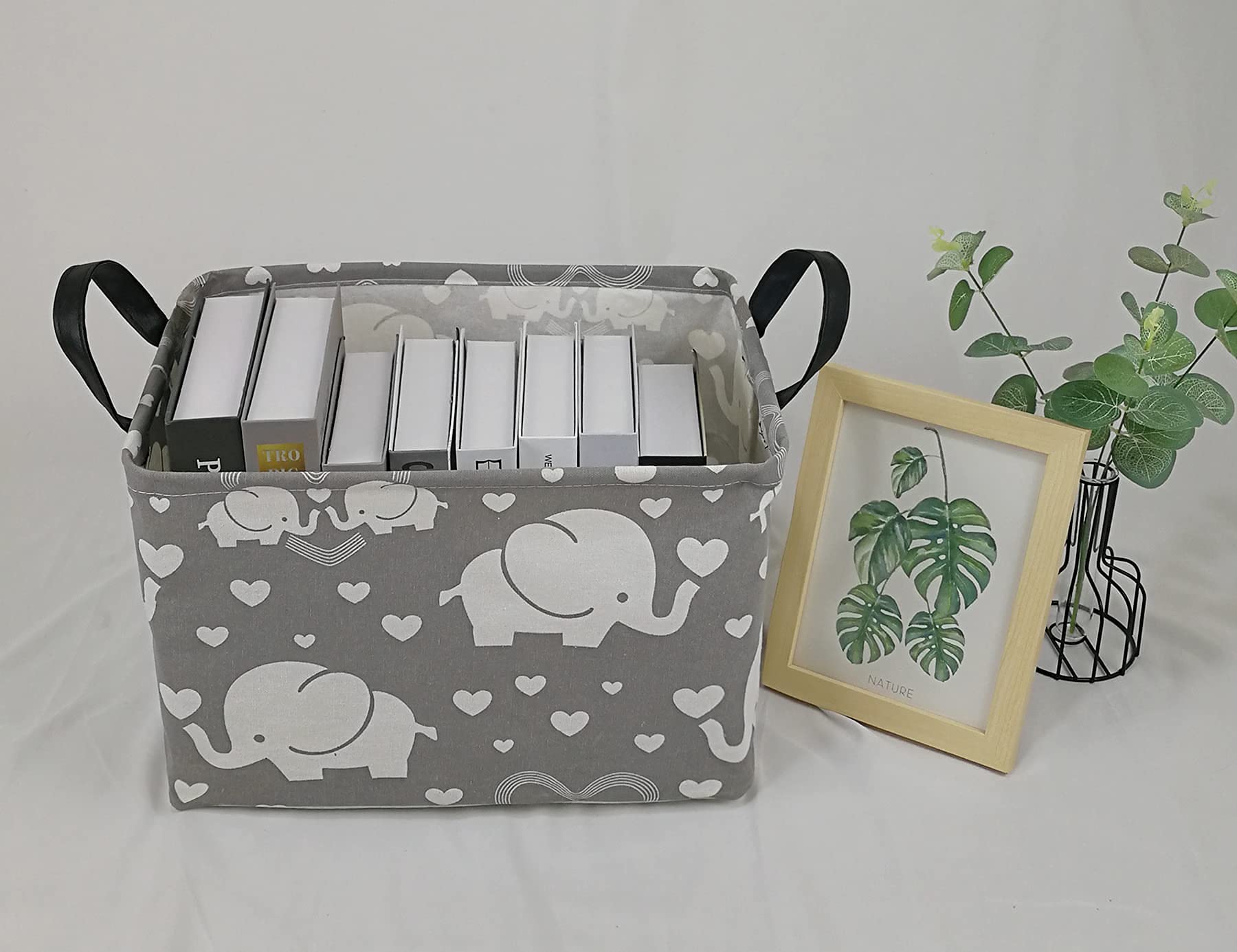 DUYIY Rectangle Canvas Storage Basket with Handle Large Organizer Bins for Dirty Laundry Hamper Baby Toys Nursery Kids Clothes Gift Basket (REC-love elephant)