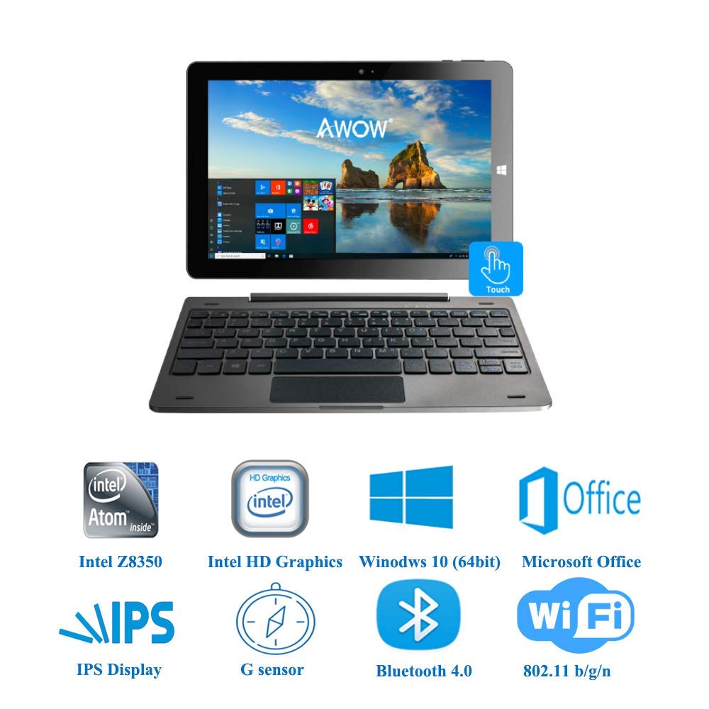 AWOW 10.1 Inch Windows 10 Tablet 2-in-1 Touchscreen Mini Laptop with Detachable Keyboard/IPS 1280x800 /4GB RAM /32GB ROM/Dual Webcam/Bluetooth 4.2/WiFi/HDMI/Micro SD