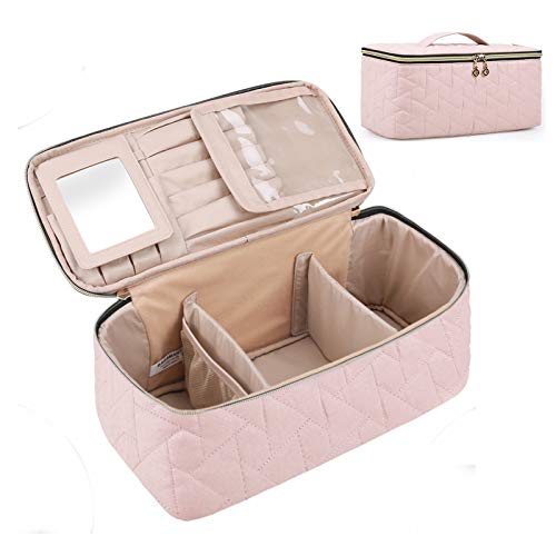 BAGSMART Large Makeup Bag Organizer,Double-Layer Travel Cosmetic Case with Acrylic Mirror,Makeup Train Case with Adjustable Dividers Women Cosmetics Makeup Brushes Toiletries