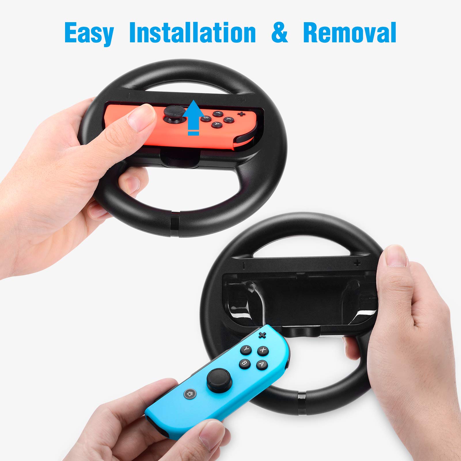 Beastron Racing Games Steering Wheel & Grips compatible with Switch Mario Kart, Joy-Con Steering Wheel & Grips, Red & Blue 4 Pack
