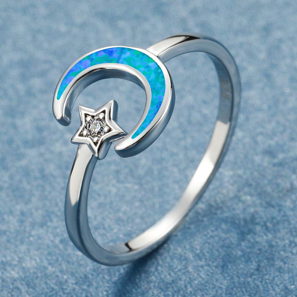 Angol Opal Moon Star Ring for Women Sterling Silver Adjustable Crescent Moon Ring 5A+ Cubic Zirconia Statement Hypoallergenic Finger Ring Gift with Box