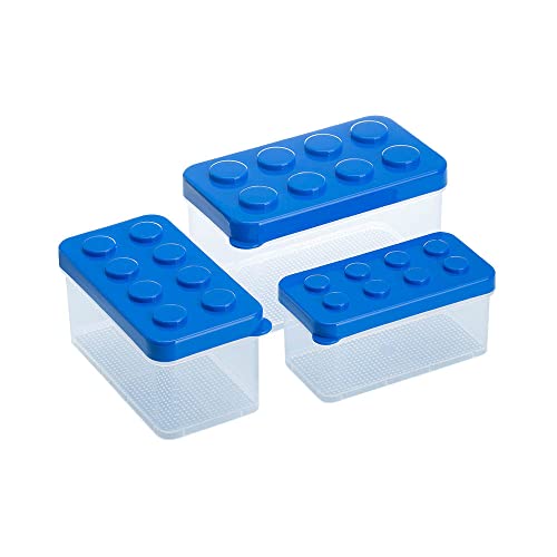Momo's House Plastic Box Toy Organizers Containers with Lids Brick Shaped Kids Storage Toy Chest - Set of 3 Small Organizer for Building Brick Storage and Children Small Toys, Blue
