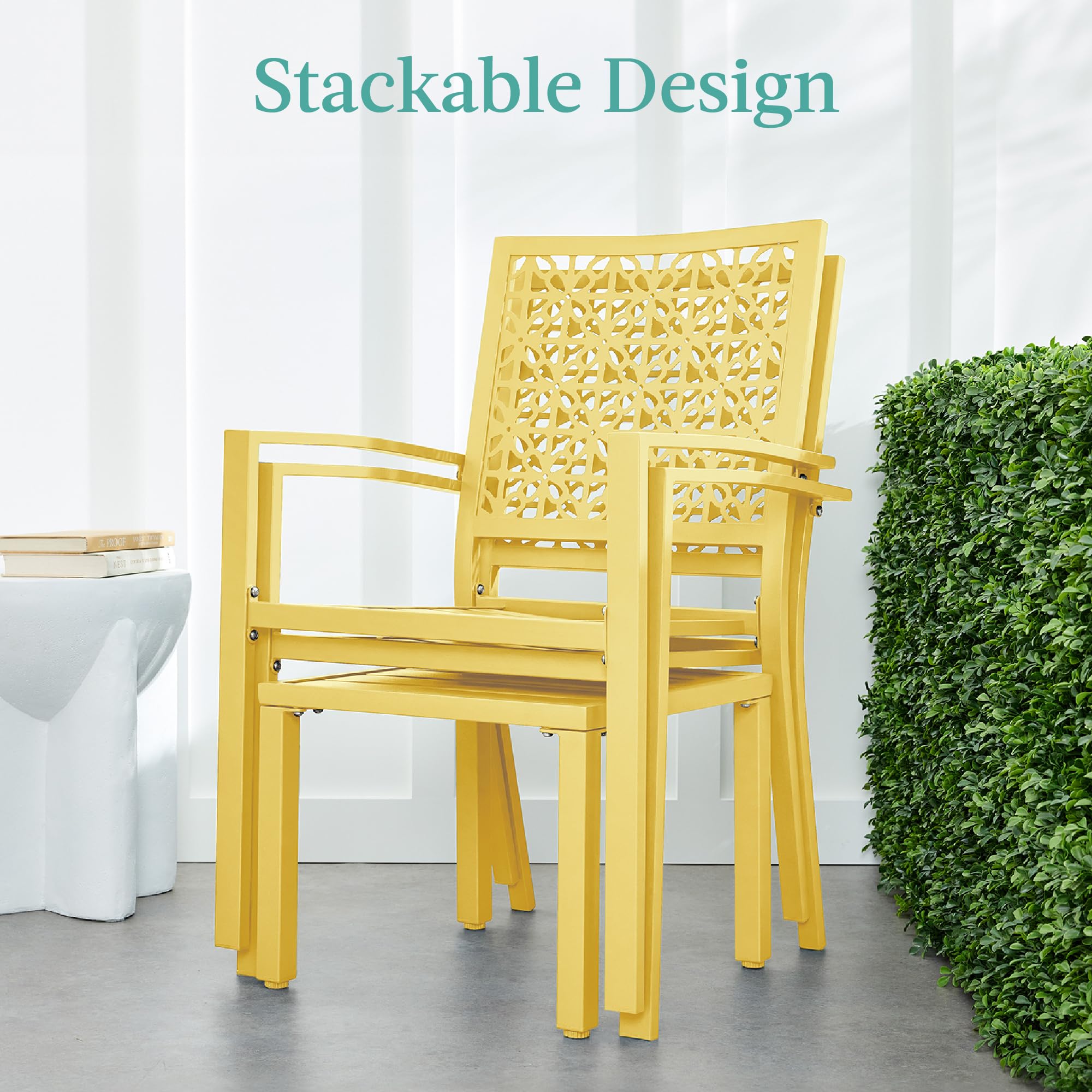 Best Choice Products 3-Piece Outdoor Bistro Set, Stackable Modern Steel Furniture for Porch, Garden w/ 2 Chairs, Table, Geometric Decor - Yellow