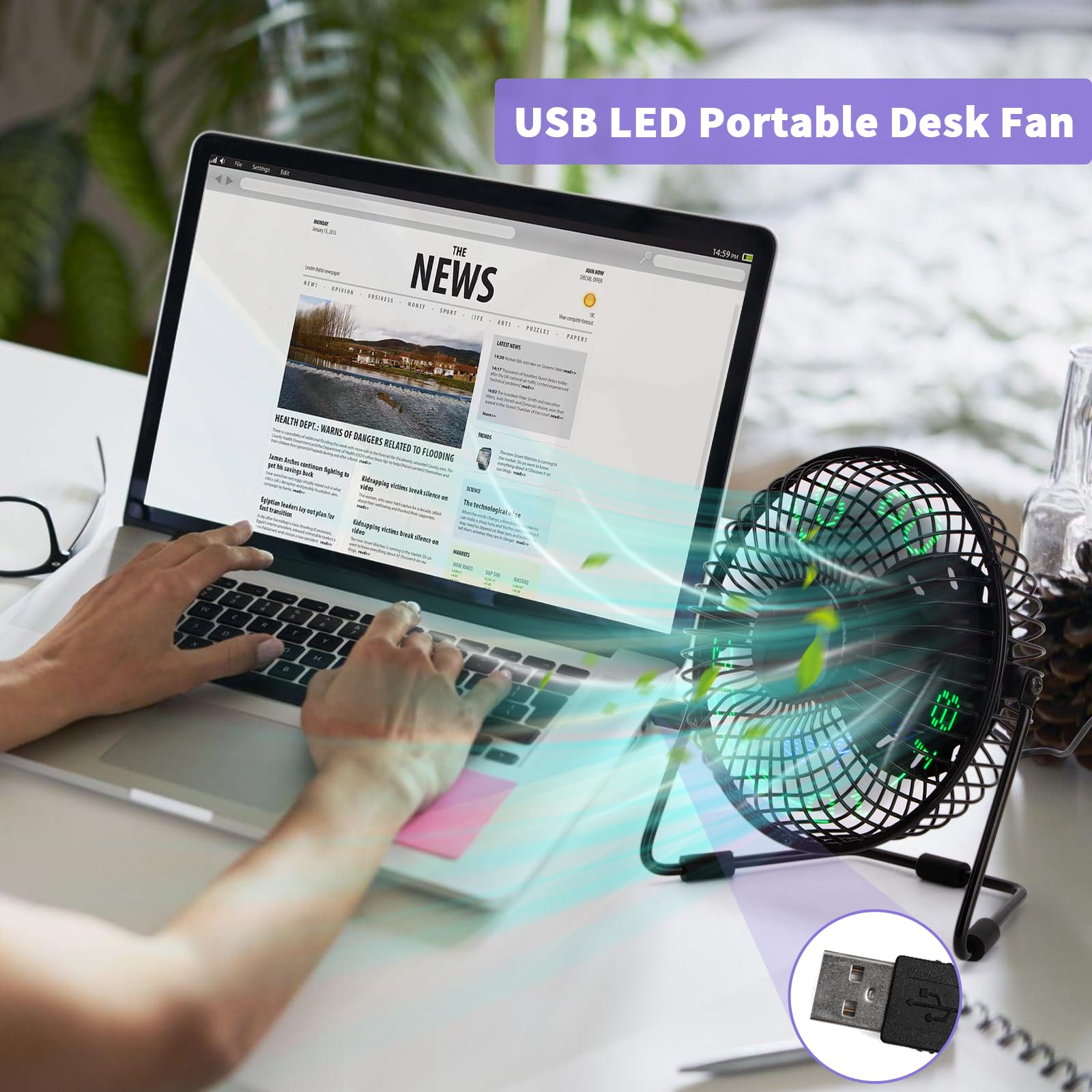 Justup USB LED Fan Portable Desk Fan With Real Time Date and Temperature Display Personal Table Cooling Fan 360°Rotation Durable for Home and Office (Metal Design Low Noise 5 Inch, Black) (SW)