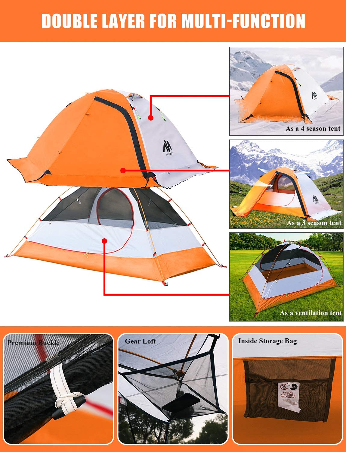 ayamaya Camping Fan + 4 Person Tent, Orange 2 Person Backpacking & Rechargeable Fan with LED Light & Remote Control, 7800mAh Portable Led Light Camping Lantern Fan USB Desk Ceilling Fan