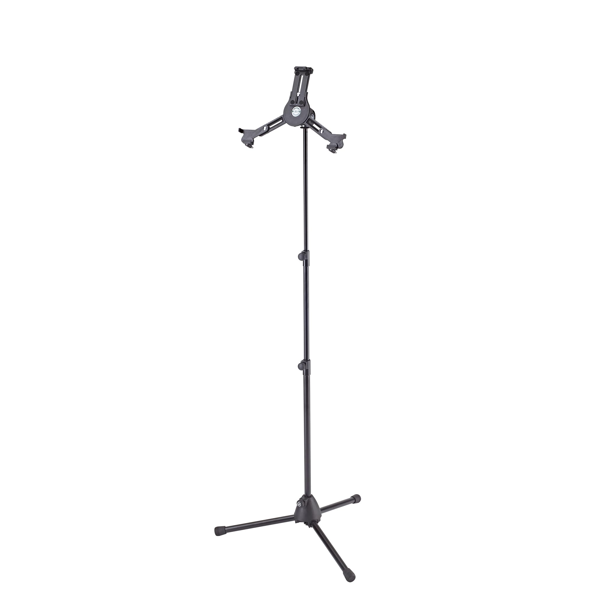 K&M Konig & Meyer 19793 Universal Tablet Mount/iPad Holder & Stand Rotate Tablet 360°, Adjustable Height, Stable Tripod Base, Studio/Remote Home Use, Portable, German Made Black