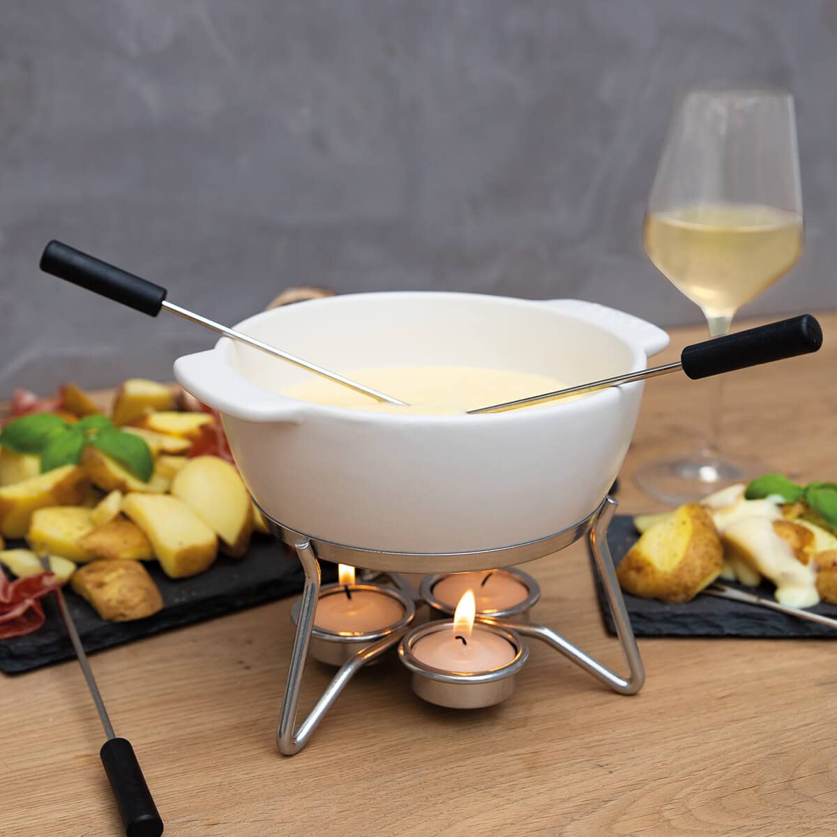 Boska Cheese Fondue Party Set - Fondue Pot Set Microwave Safe Ceramic Hot Pot Chocolate Fountain Snack - Wedding Registry Items Small Kitchen Appliances for up to 4 Persons