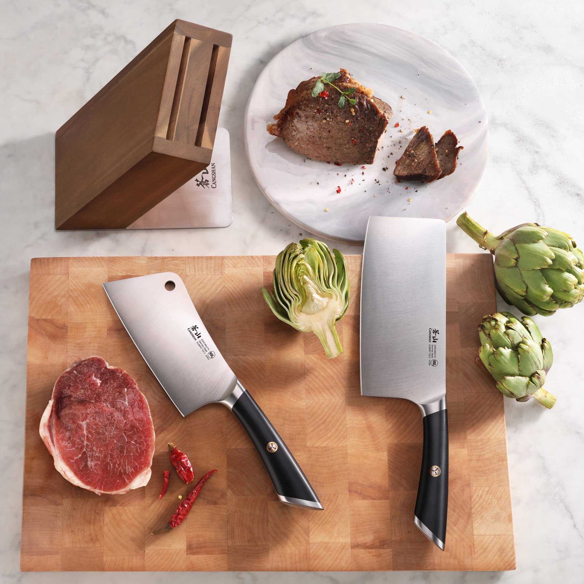 Cangshan ELBERT Series German Steel Forged Cleaver Knife Block Sets, Acacia (3-Piece, Black)