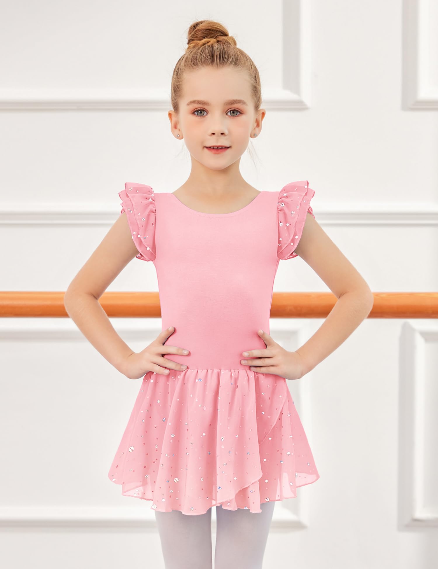 Arshiner Girls Ruffle Sleeve Ballet Dance Dress Tutu Skirted Leotard, 4-5 Years, Ballet Pink