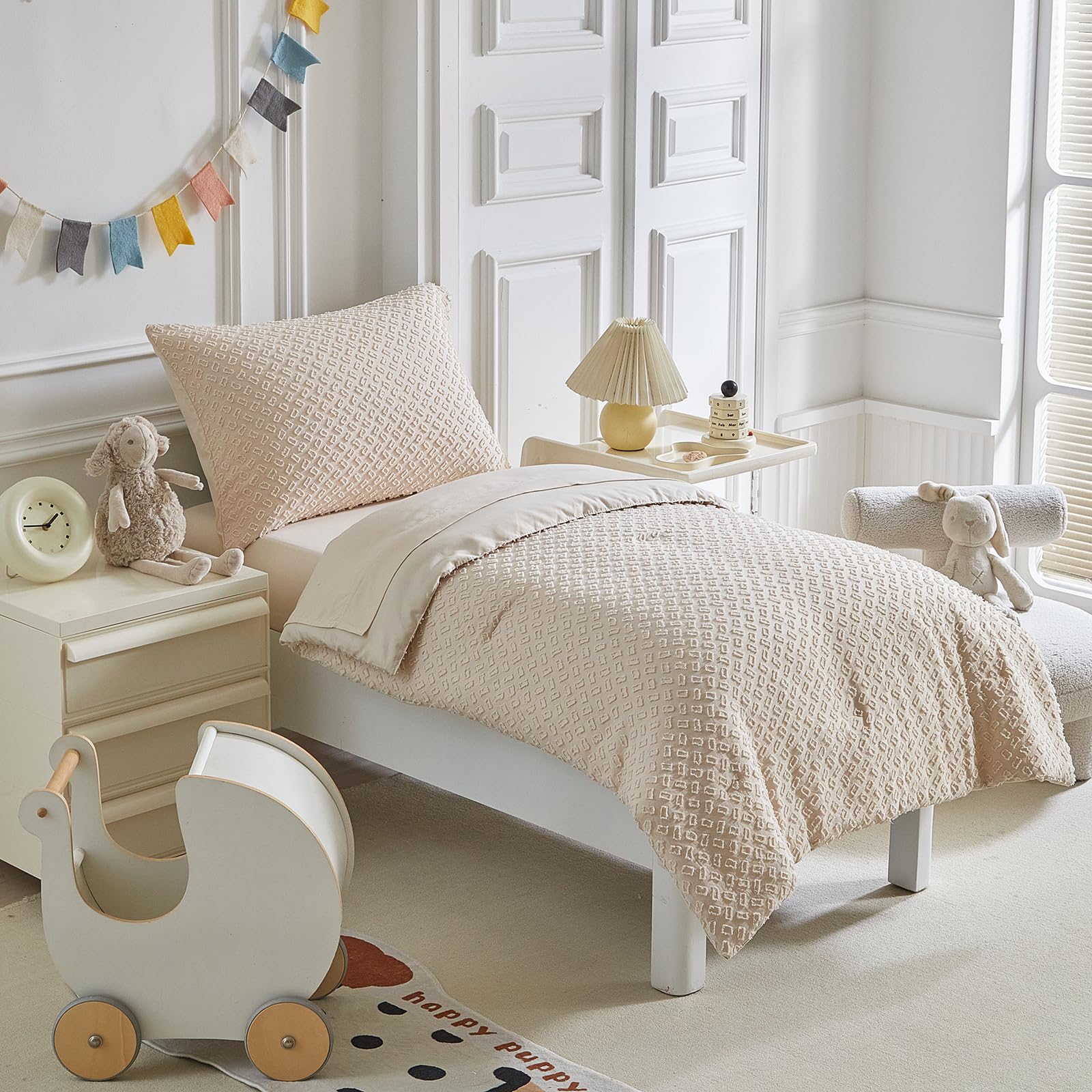 Cream Toddler Bedding Set 4 Pieces Tufted Boho Cubes Style - Includes Adorable Quilted Bohemian Comforter, Fitted Sheet, Top Sheet, and Pillow Case for Girls Boys Bed