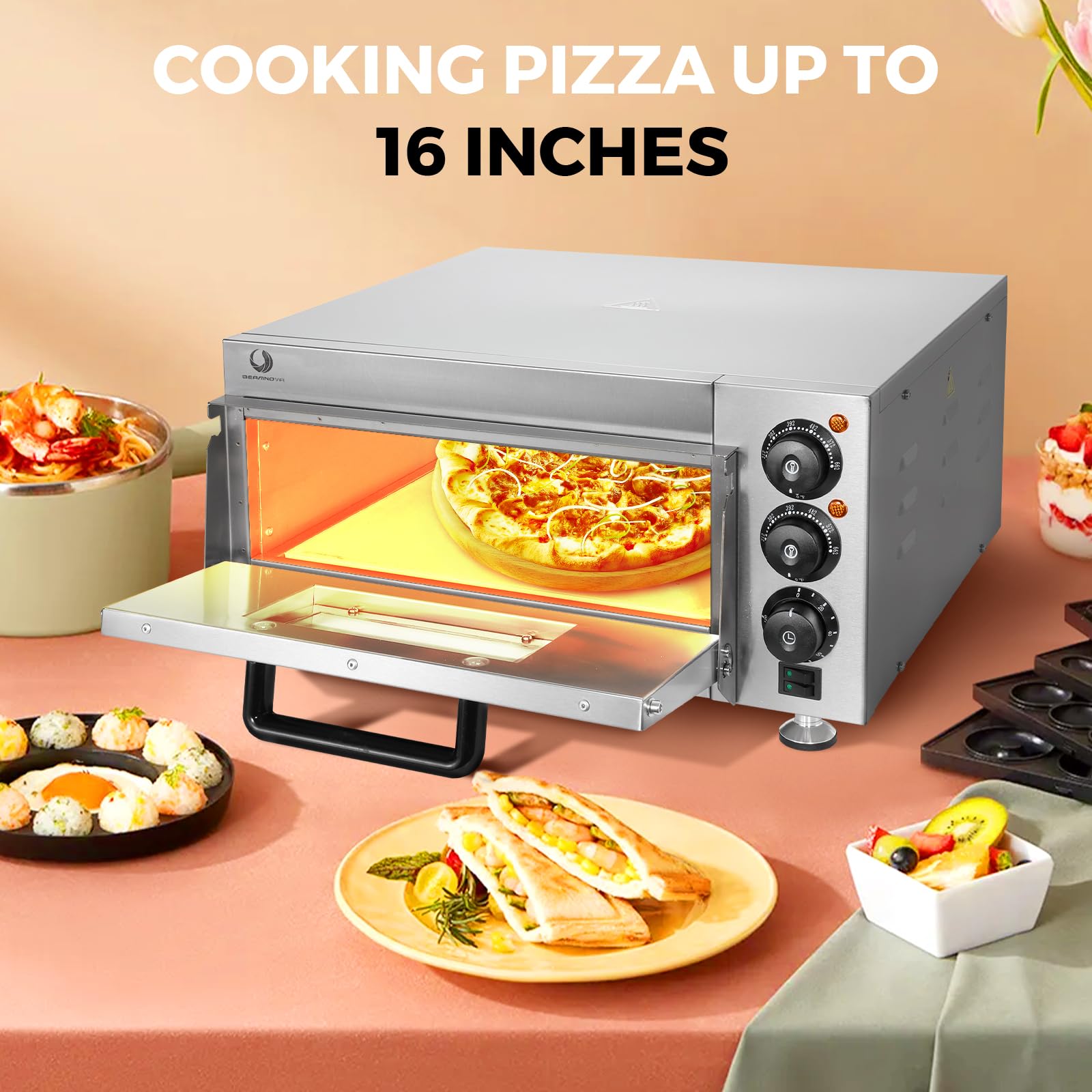 BEAMNOVA Electric Commercial Pizza Oven Countertop,1900W Adjustable Temperature Pizza Oven with 12 Inch Pizza Pan and Pizza Stone for Restaurant Home Pretzels Bakedā¦