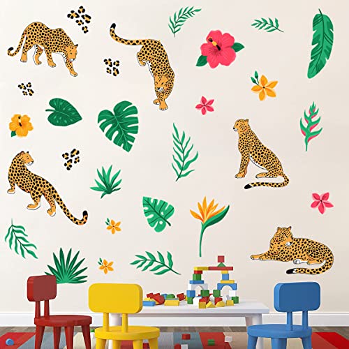 WOYINIS Leopard Cheetah Jaguar Wall Decal Stickers DIY Palm Leaves Plants Flowers Wall Decals Removable Peel & Stick Tropical Wall Decals for Living Room Bedroom Playroom Classroom Nursery Wall Decor