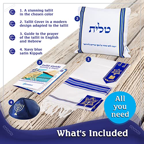 ateret yudaica 24" H x 72" W (M) Tallit Prayer Shawl (Multi Sizes & Color) White Blue & Gold, Made in Israel, Soft Acrylic Tallit with Bracha