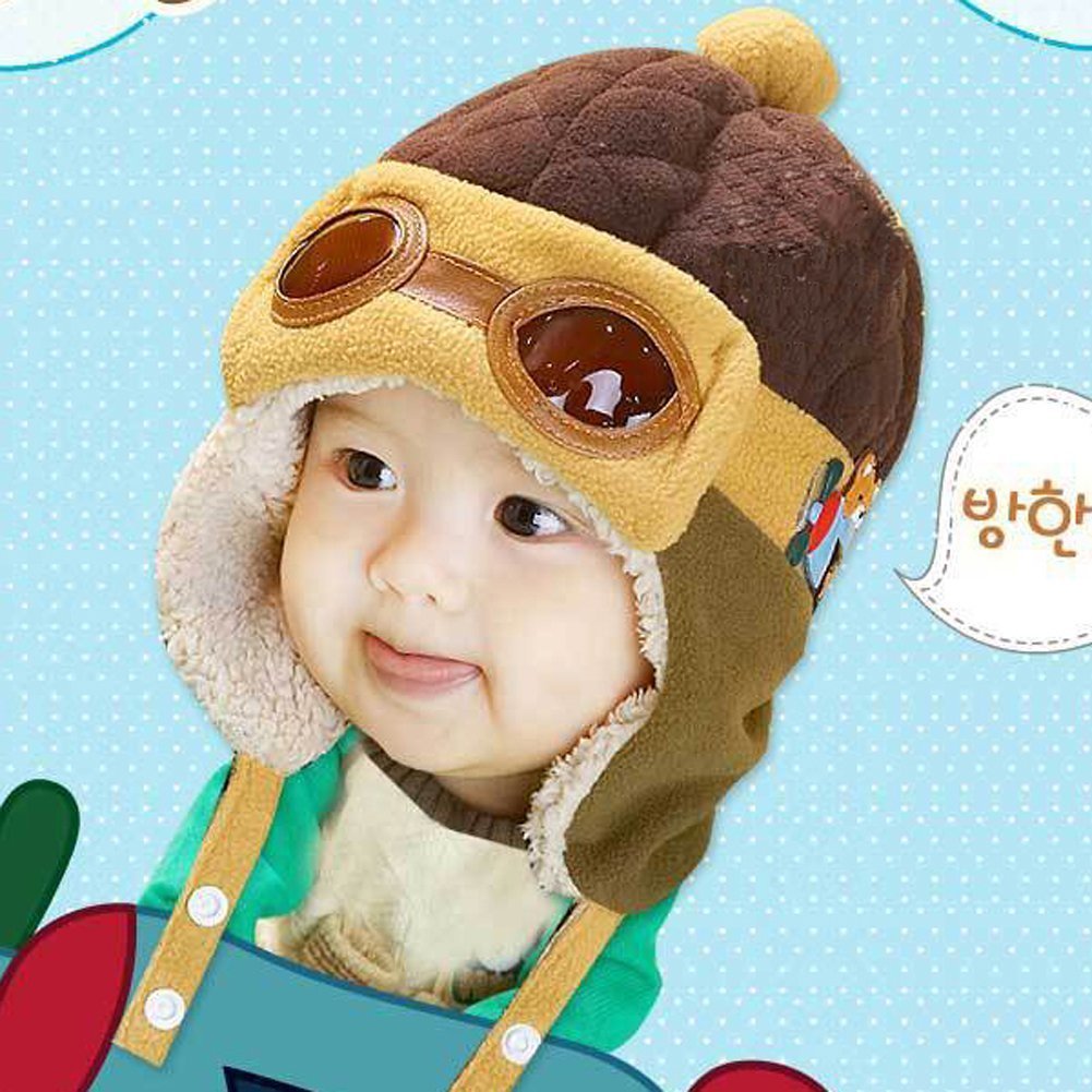 Kafeimali Baby Boys Girls Crochet Earflap Winter Warm Caps Beanie Pilot Aviator Cartoon Hats (Brown)