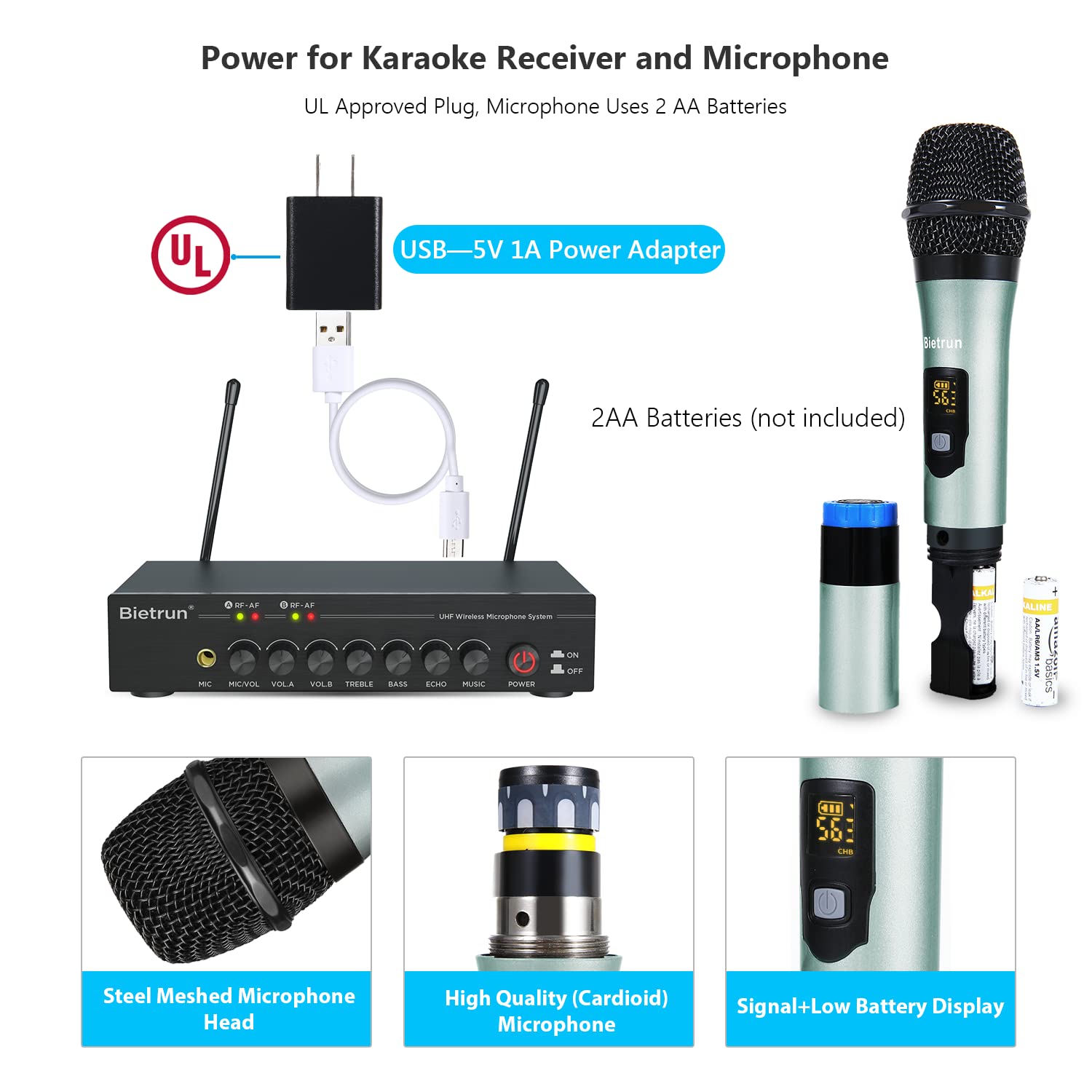 Bietrun Wireless Microphone and Mic Stands, for Church, Meeting, Wedding, Karaoke