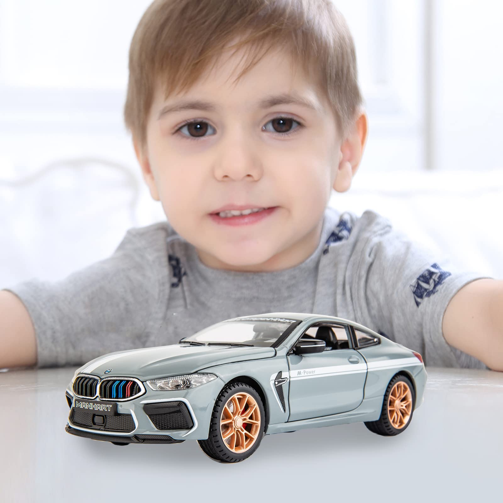BDTCTK Compatible for 1:24 M8 Model Car, Zinc Alloy Pull Back Toy Car with Sound and Light for Kids Boy Girl Gray