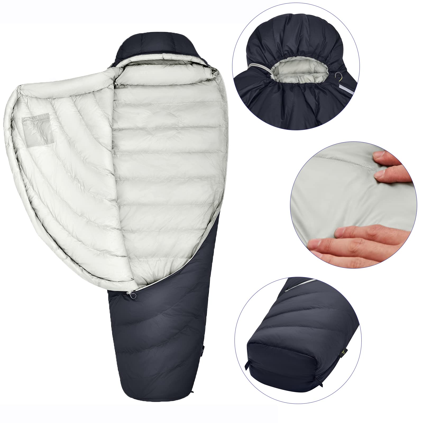 ATEPA 0 Degree Down Lightweight Sleeping Bag for Adult, Mummy Backpacking Ultralight Waterproof Compact All Cold Weather Sleeping Bag with Compression Sack for Women, Men, Hiking, Camping, Black