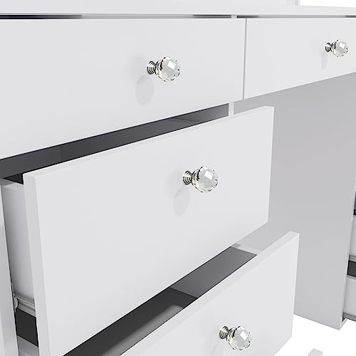 Boahaus Orla Modern Makeup Vanity Desk with Light Bulbs Built-in, USB Port and Power Outlet, 11 Drawers, Hollywood Vanity Mirror, Glam Glass Top Vanity, Crystal Ball Knobs, Big Vanity for Bedroom