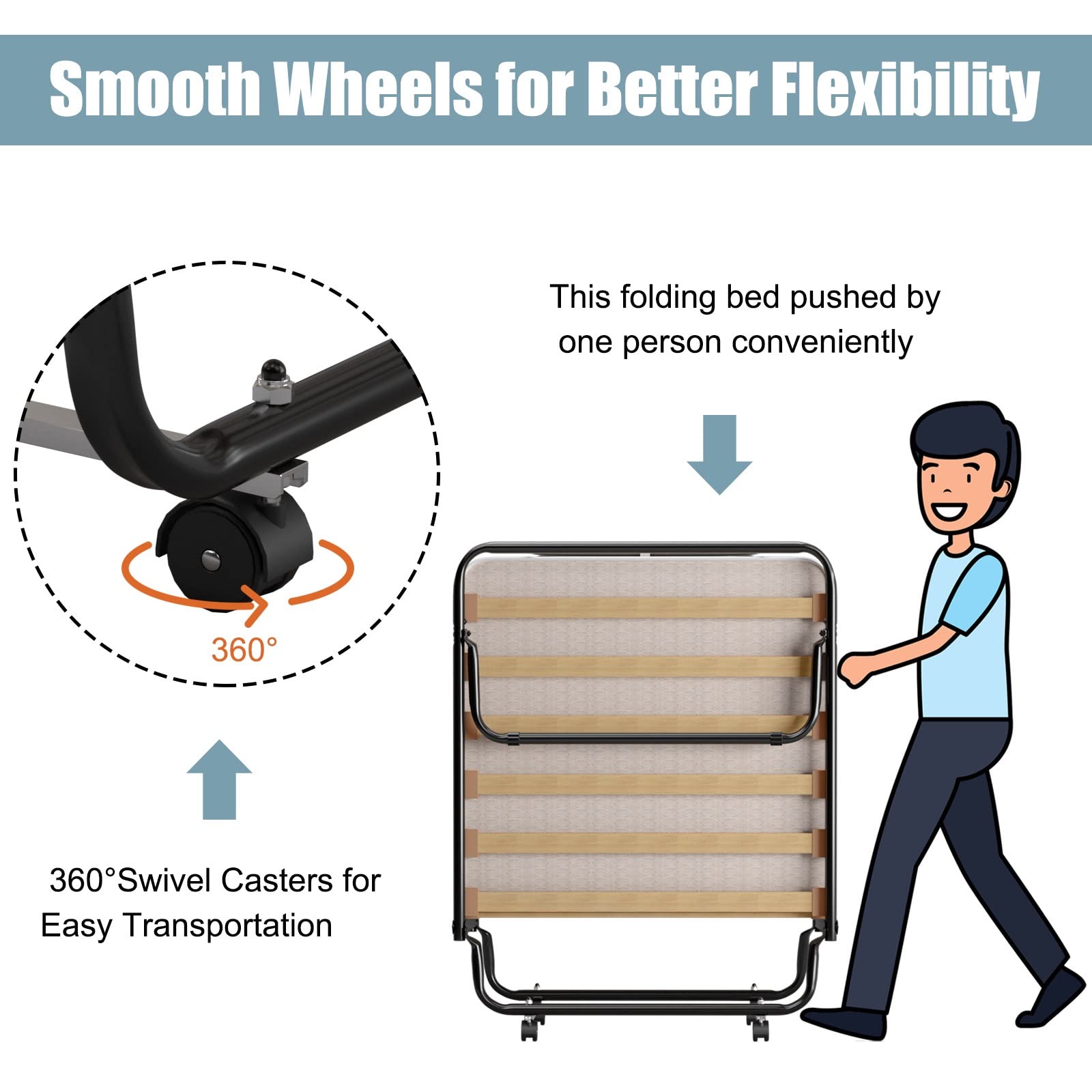 KOMFOTT Rollaway Bed with 4” Mattress, Folding Bed with Memory Foam Mattress for Adults, Portable Guest Bed with Sturdy Steel Frame, Made in Italy