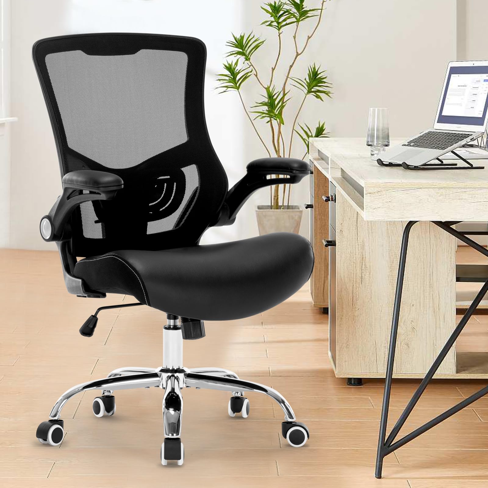 Chairoyal Office Chair -PU Cushion Ergonomic Mesh Back Home Office Desk Chairs with Adjustable Lumbar Support & Seat Height, Swivel Executive Computer Task Chairs with Flip-Up Arms for Office/Study