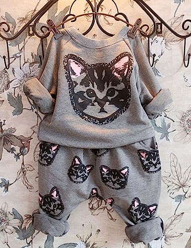 puseky Toddler Kids Girls Cute Cat Sweatshirt Tops & Pants Tracksuit Outfits Set (3T-4T, Grey)