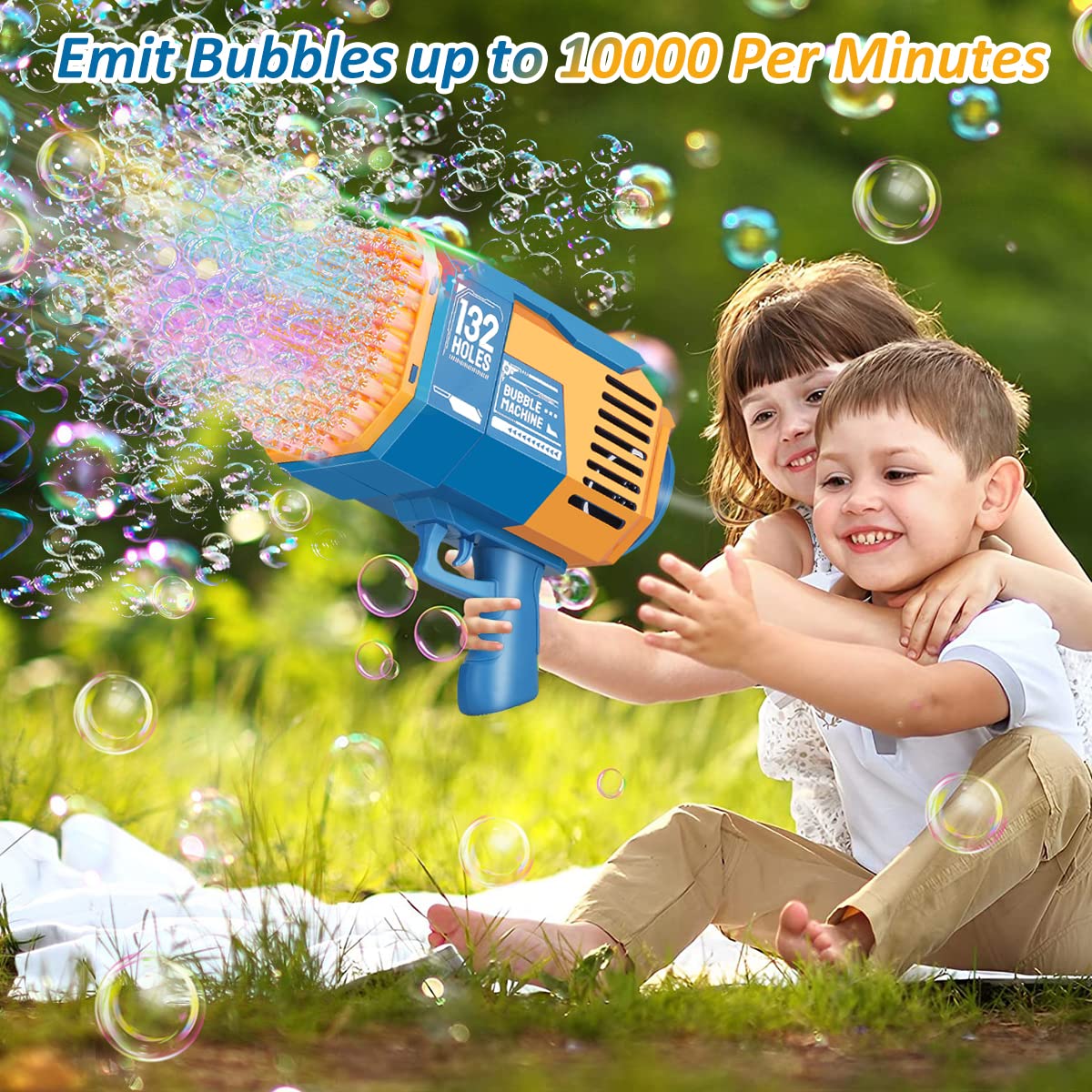 Bazooka Bubble Gun, Upgraded 132 Hole Bubble Machine Gun with Lights 10000+ Bubbles Per Minute, Additional 30 Bubble Refill Solution, Bazooka Bubble Gun for Outdoor Indoor Birthday Wedding Party