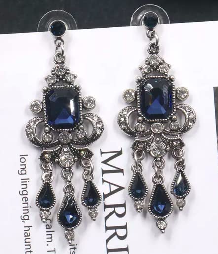 Art Deco Victorian Edwardian Antique Vintage Style Blue Sapphire Rhinestone Long Dangle Wedding Bridal Prom Earrings