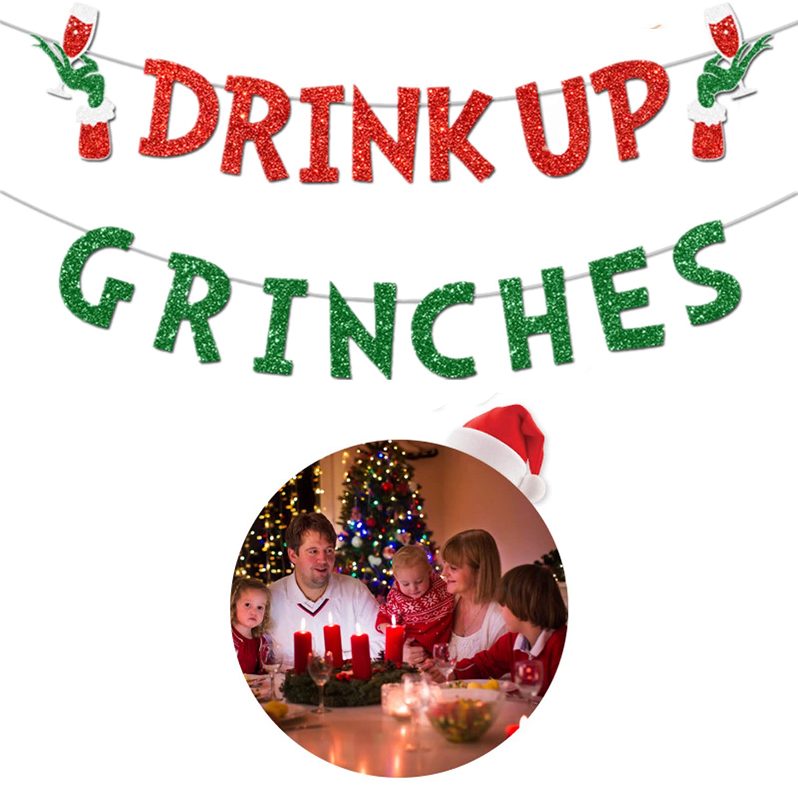 Drink Up Grinches Banner, Glittery Christmas Decorations Banners Winter Holiday Garland Photo Props Banner for Party Home Decorations