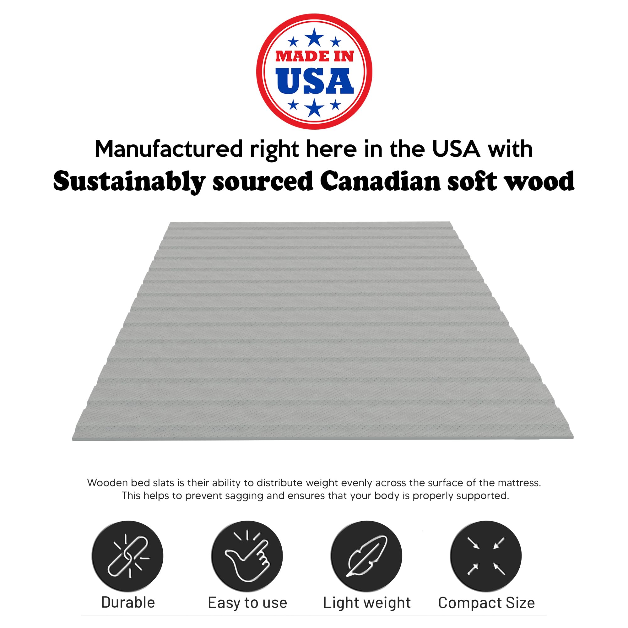 Continental Mattress, 0.75-Inch Heavy Duty Horizontal Wooden Bunkie Board/Bed Slats with Cover, Queen, Grey
