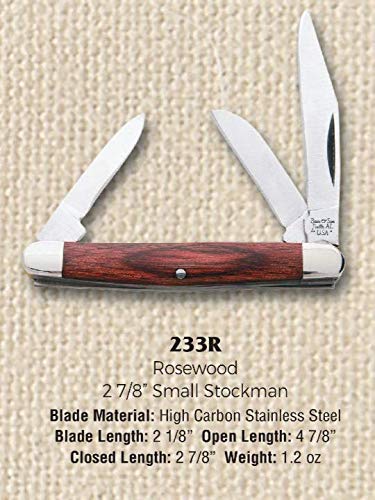 Bear & Son 233R Rosewood Three-Blade Small Stockman Slip Joint Knife, 2 7/8-Inch