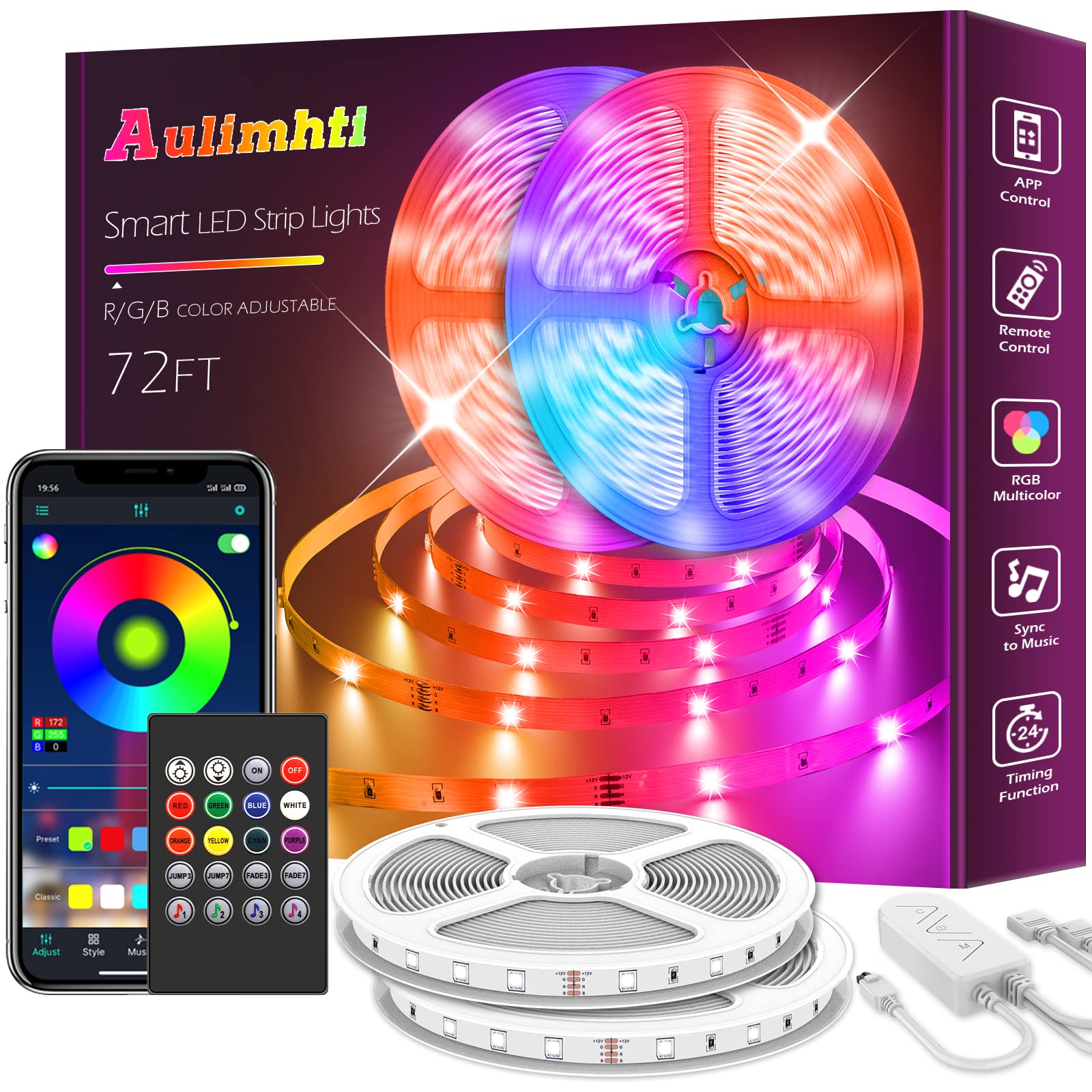 Aulimhti 100ft Led Strip Lights,Bluetooth APP Control Music Sync LED Lights for Bedroom,Led Lights with Remote,5050 RGB Color Changing Lights for Room Party (70FT)