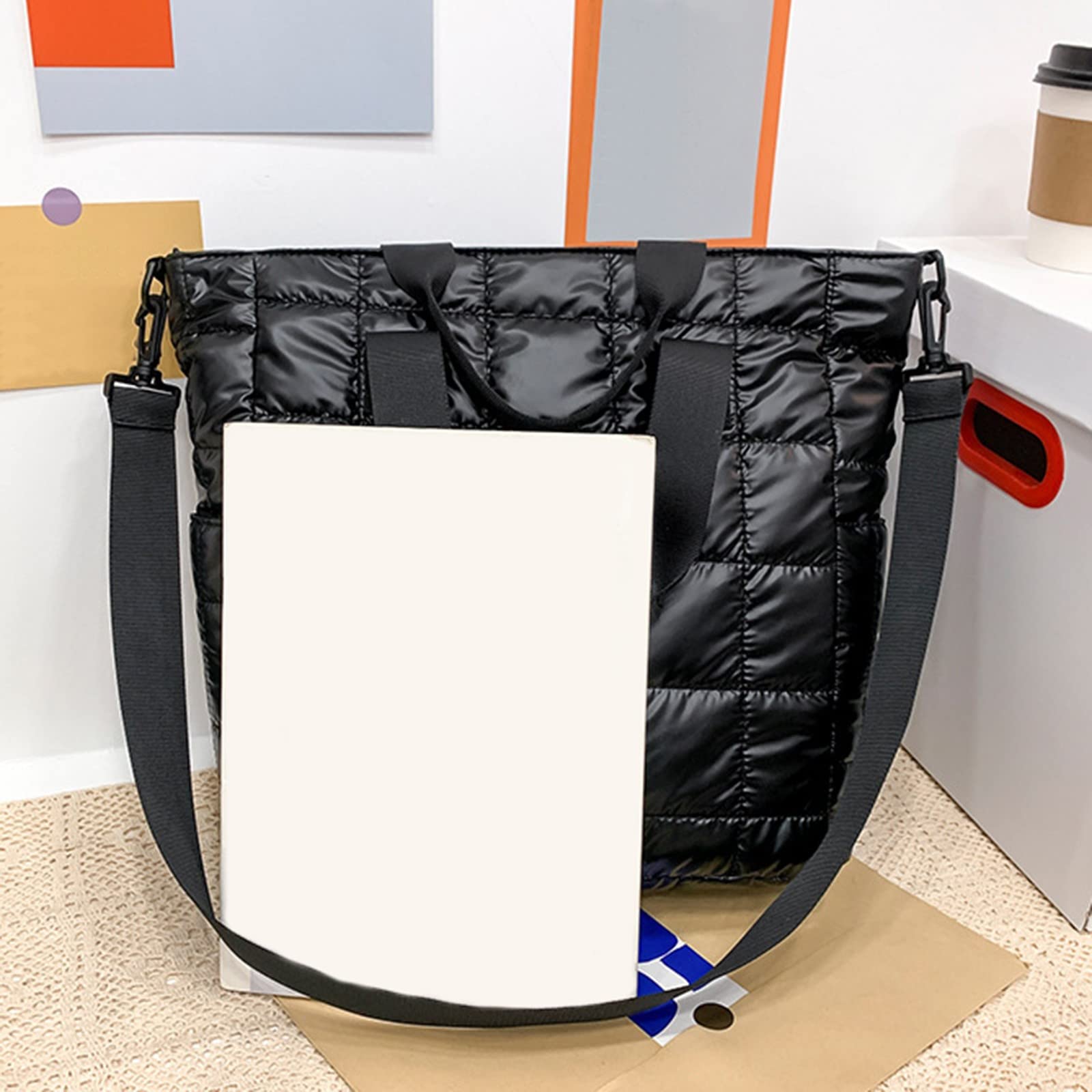 Beach Bags For Women Women's Bags Solid Color Plaid Quilted Bag Large Capacity Zipper Shoulder Bag (Black, One Size)